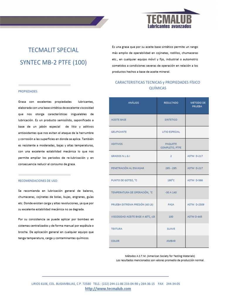 Tecmalit Special Syntec Mb-2 Ptfe | PDF | Lubricante | Materiales