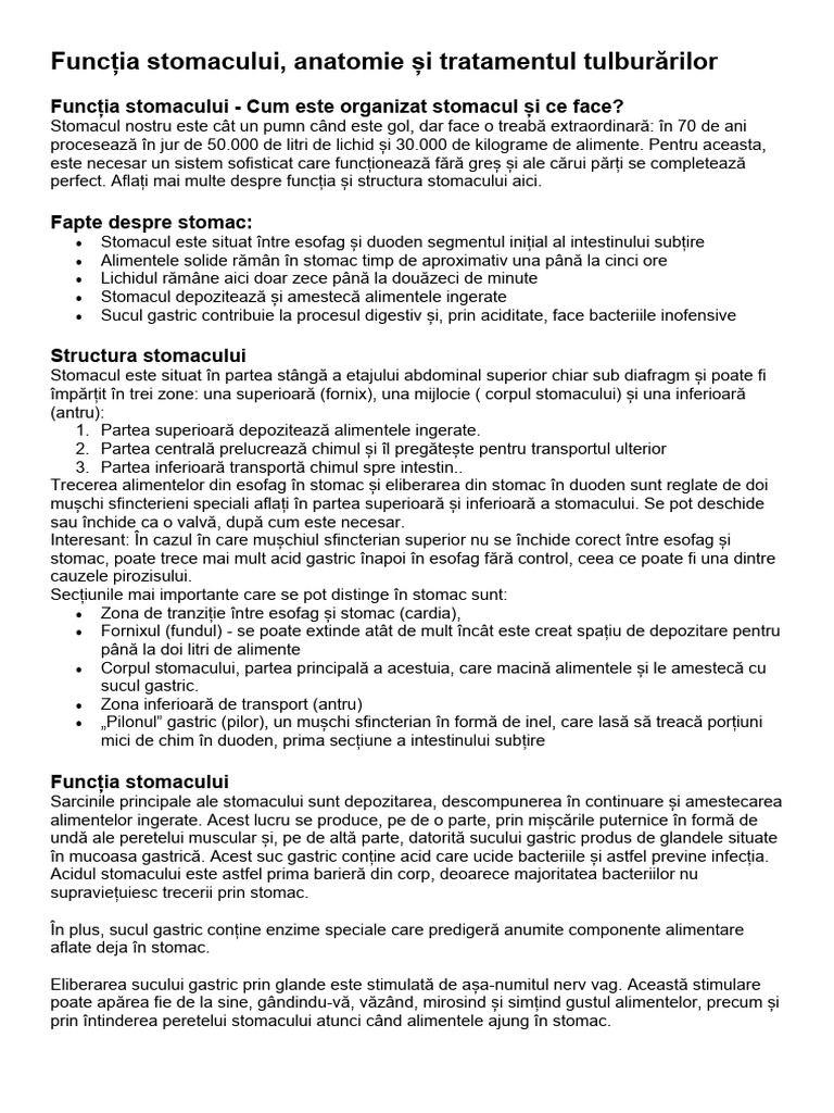 Funcția Stomacului, Anatomie Și Tratamentul Tulburărilor | PDF