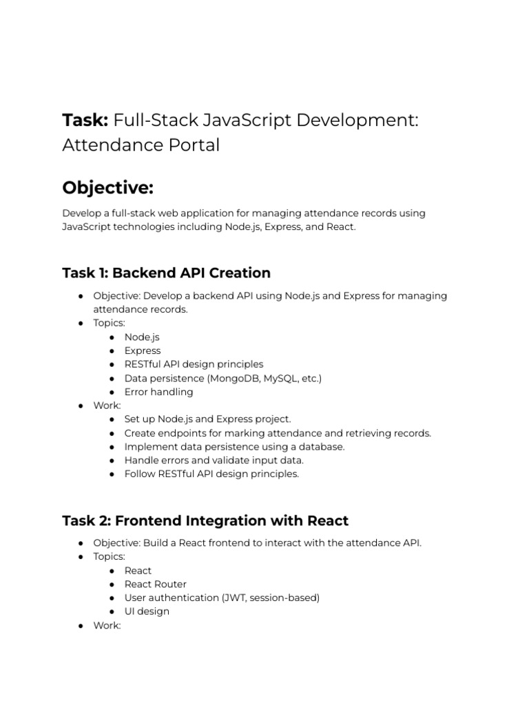 Task Full Stack Javascript Development Attendance Portal Pdf