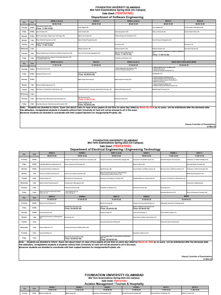 Date Sheet Mid Term Exam Spring-2024 (Tentative) | PDF | Psychology ...