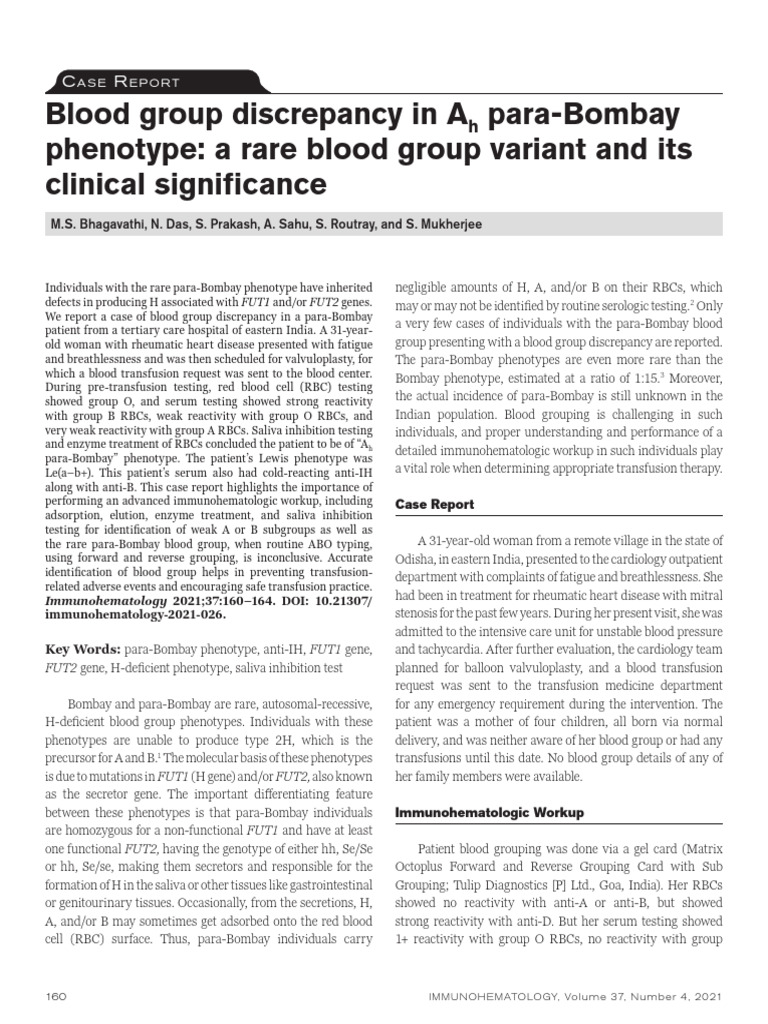 Blood Group Discrepancy in Ah Para-Bombay Phenotype: A Rare Blood Group ...