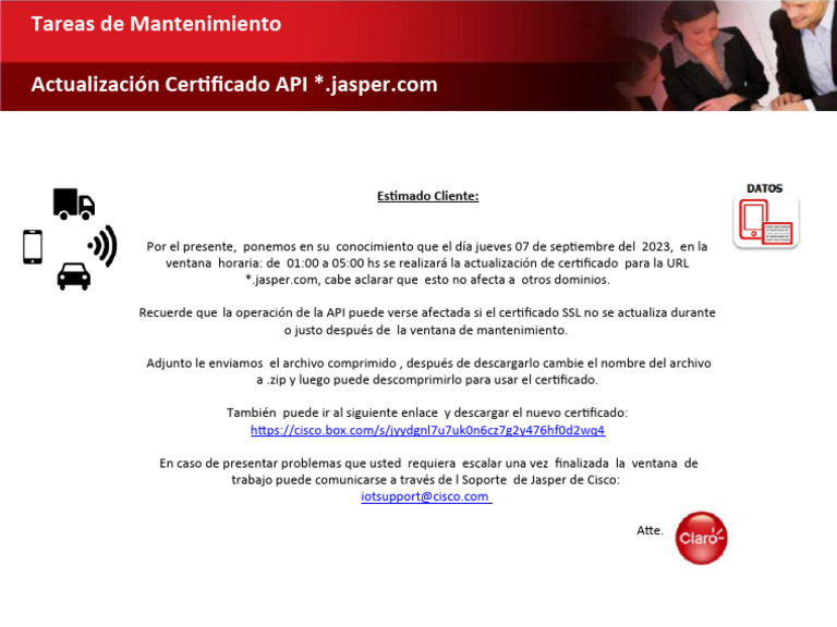 Comunicacion JASPER - Actualizacion Certificado API | PDF