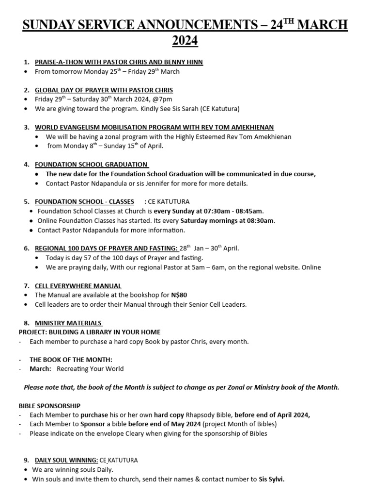 Sunday Service Announcements - March 24 2024 - Churches | PDF