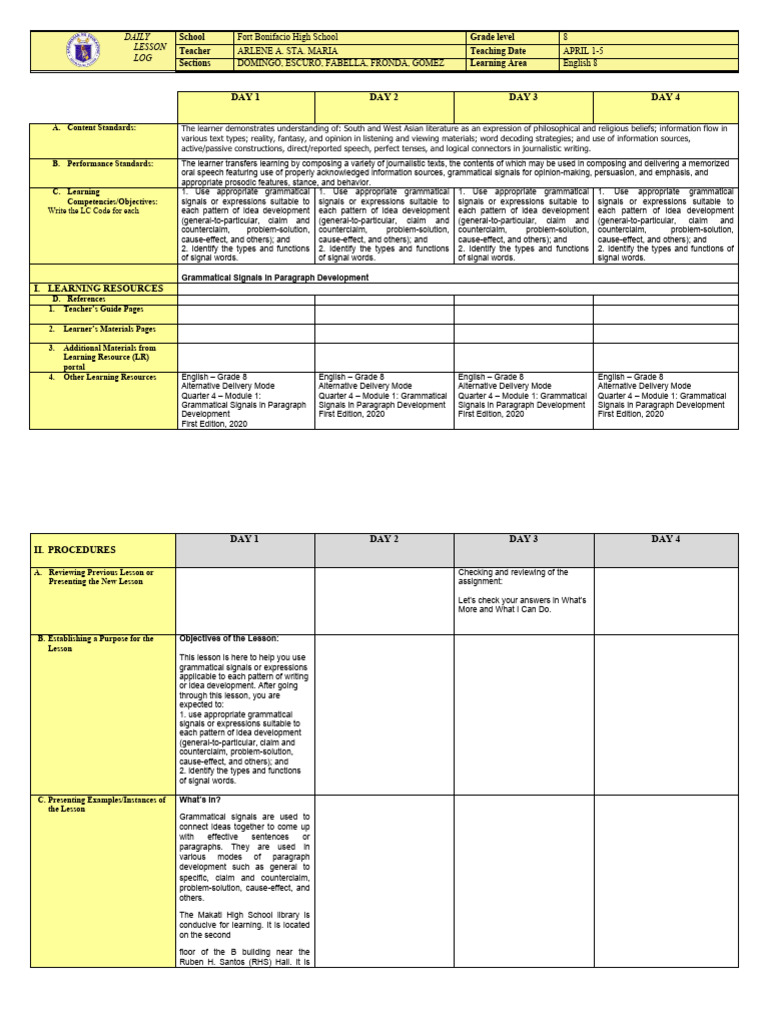 Day 1 Day 2 Day 3 Day 4: School Grade Level Teacher Teaching Date ...