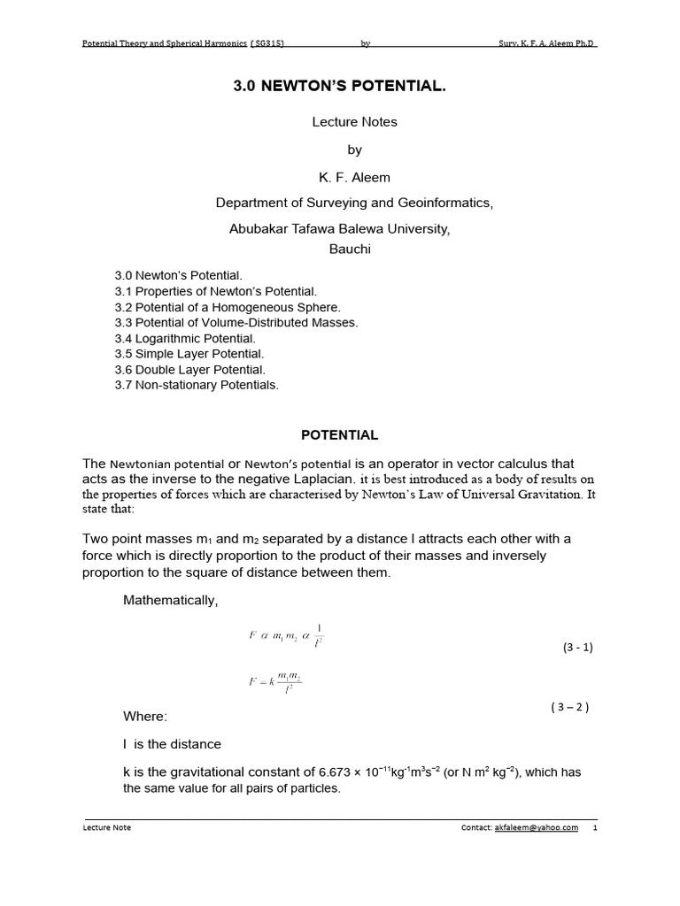 3.00 Newton's Potential. Properties of Newton's Potential. | PDF ...
