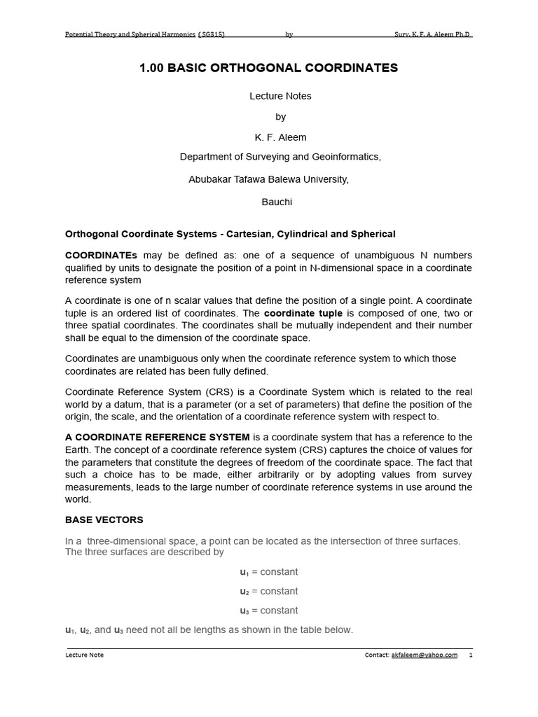 1.0 Basic Orthogonal Coordinates | PDF | Cartesian Coordinate System ...