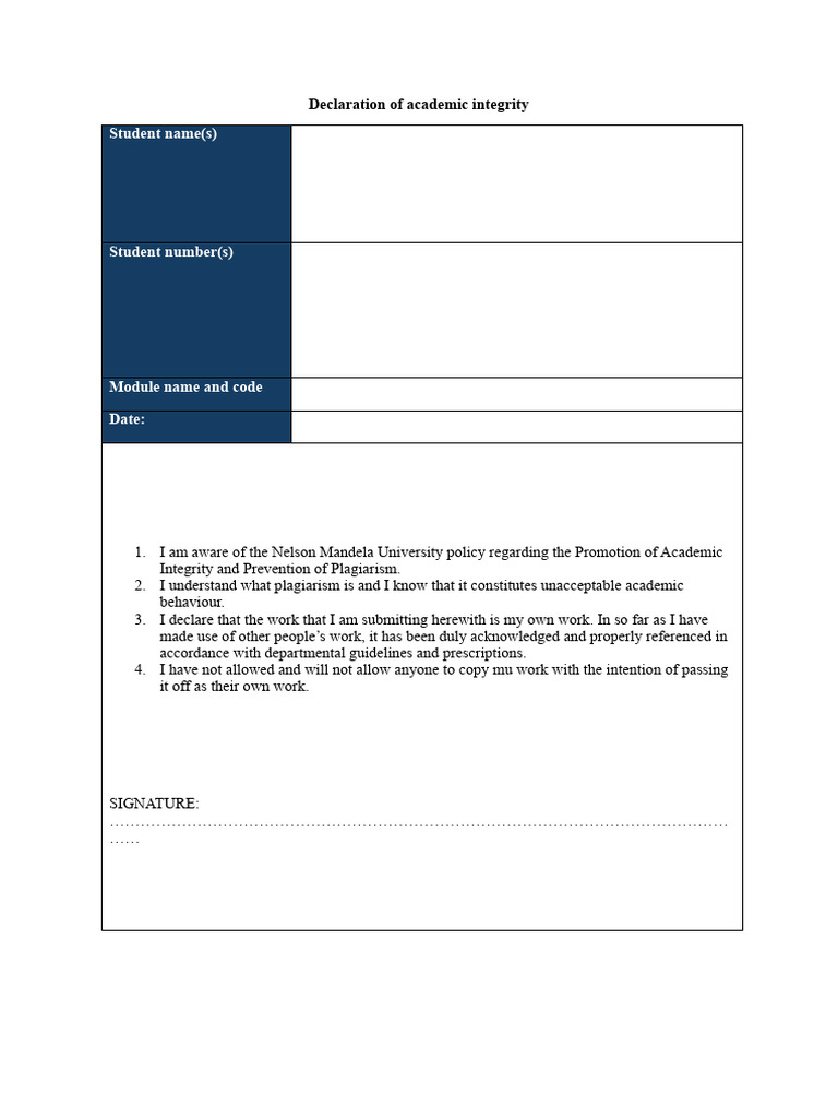 Academic Integrity Declaration | PDF | Career & Growth