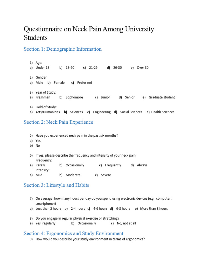Neck Pain Questionnaire for Students | PDF | Career & Growth | Teaching ...