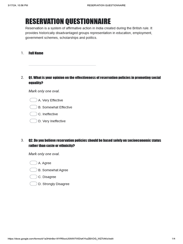 Reservation Questionnaire - Google Forms | Download Free PDF ...