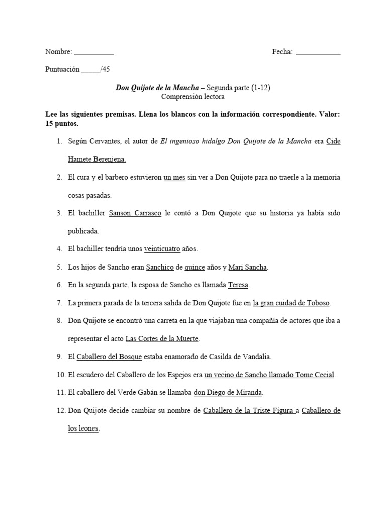 Don Quijote: Comprensión Segunda Parte | PDF | Don Quijote | Novelas ...