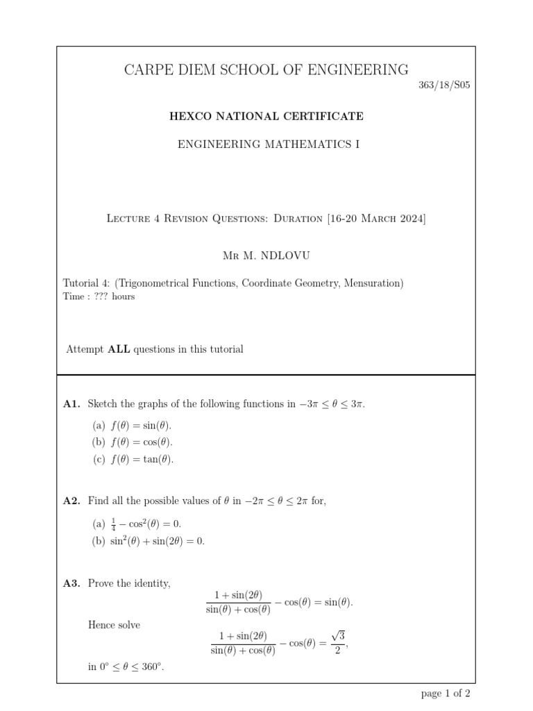 NC Eng. Maths Tutorial 4 | PDF | Equations | Geometry