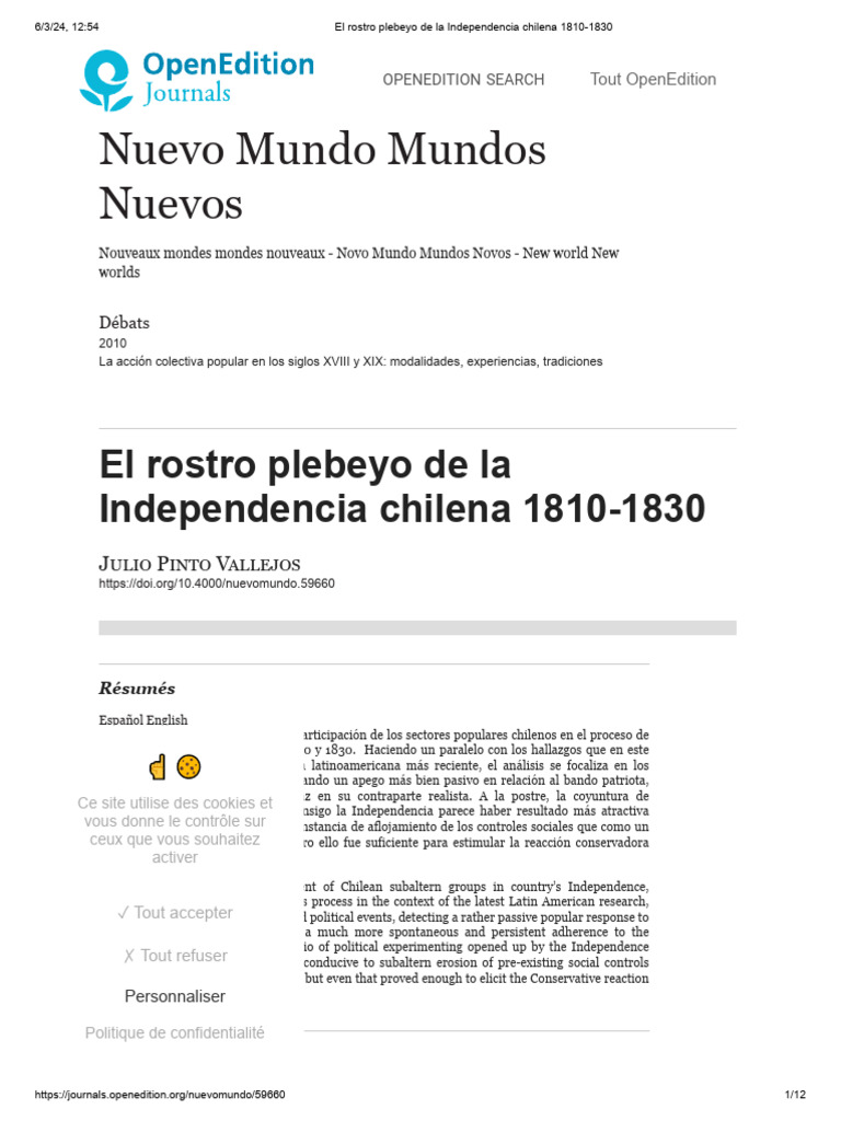 El Rostro Plebeyo de La Independencia Chilena 1810-1830 | PDF | Chile