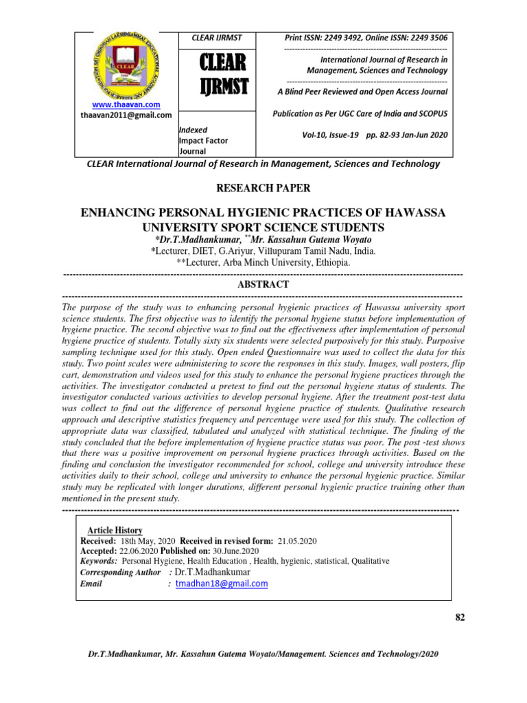 CLEAR MSTV10N19 JJ2020 Dr.T.MADHANKUMAR HAWASSA UNIVERSITY Personal Hygiene | PDF | Hygiene ...