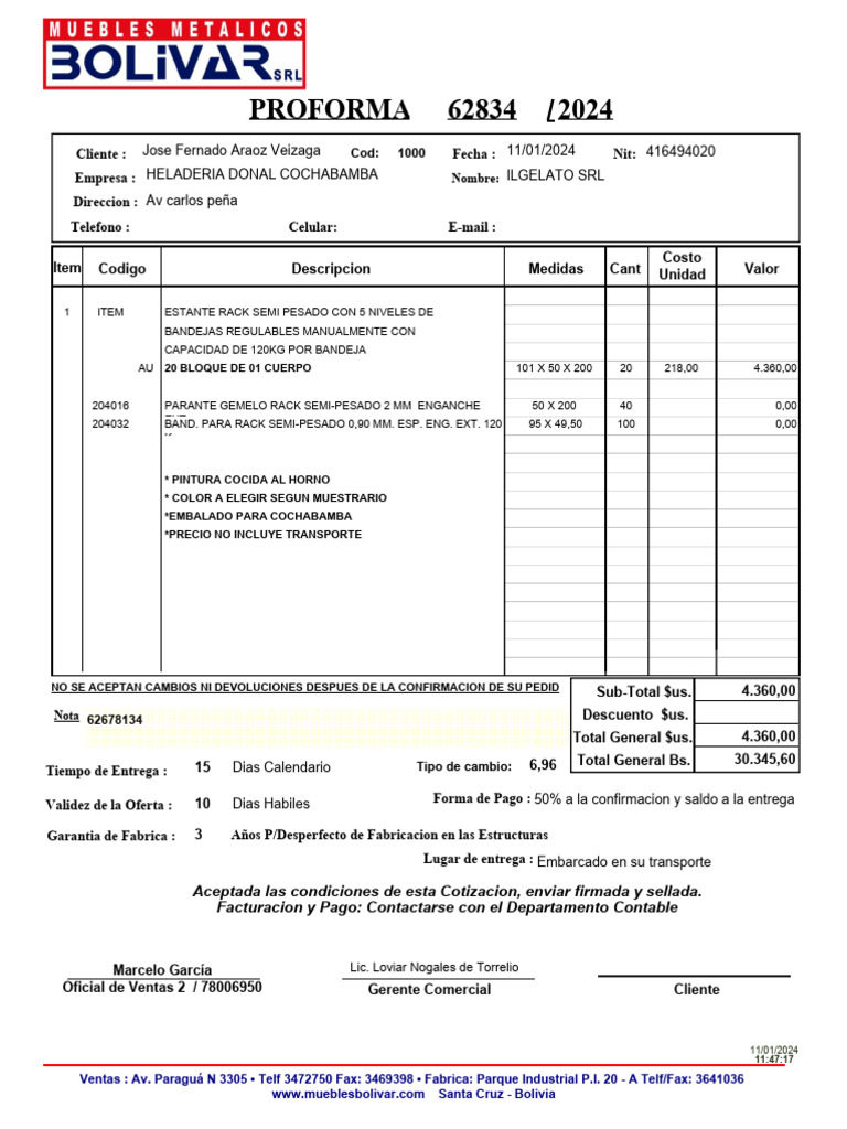 Proforma / 2024: Jose Fernado Araoz Veizaga Heladeria Donal Cochabamba Av Carlos Peña 11/01/2024 ...