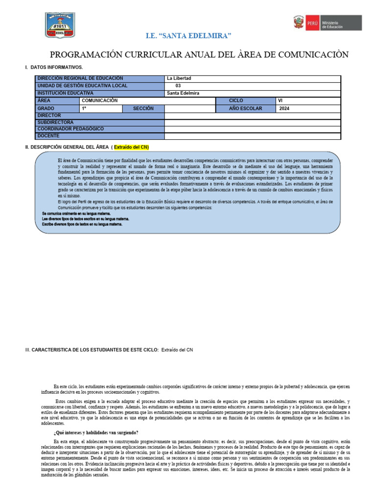 Programaciòn Anual 1 Secundaria 2024 | PDF | Aprendizaje | Enseñando