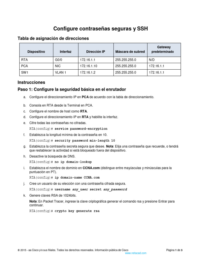 1646 Packet Tracer Configure Secure Passwords And Ssh Es Xl Pdf Dirección Ip Contraseña 
