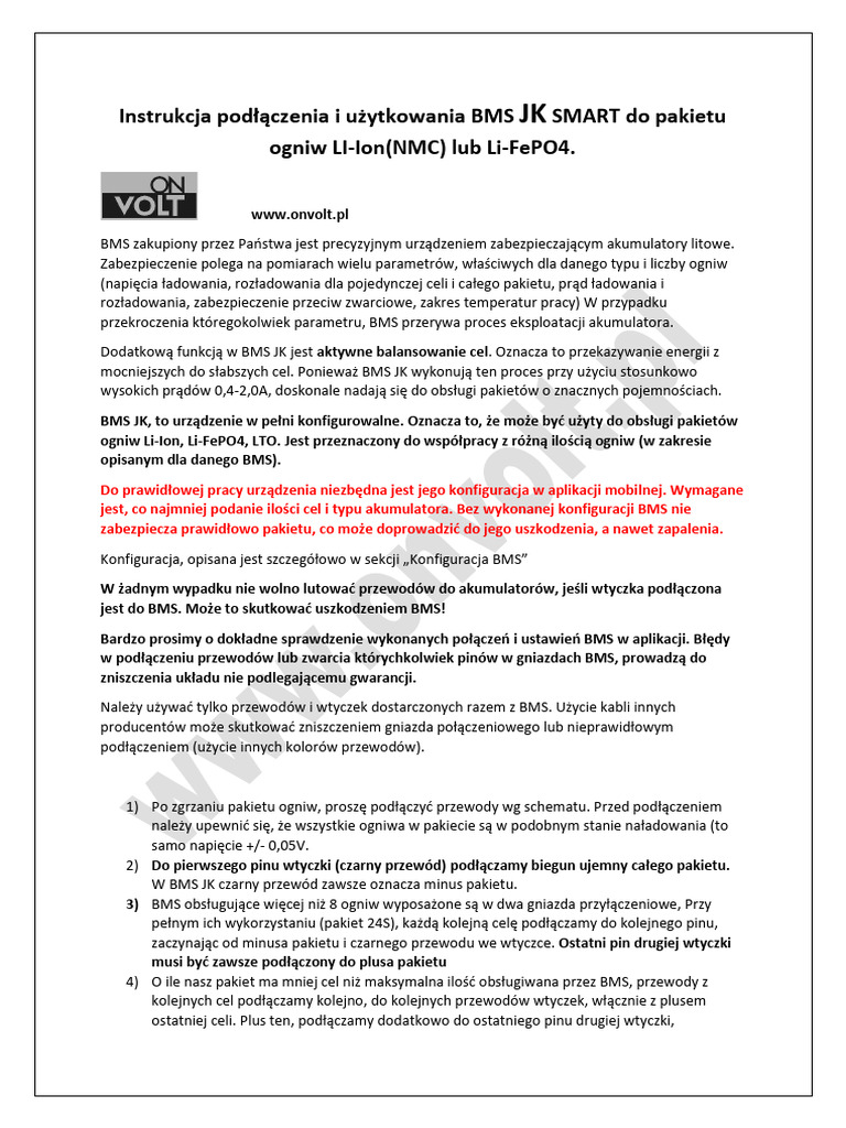 Instrukcja podłączenia i uzytkowania BMS SMART JK | PDF