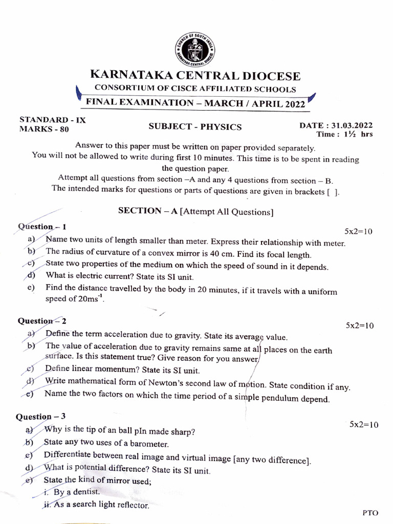 Physics Question Paper Class 9 ST - Jhons High School | PDF | Mirror ...