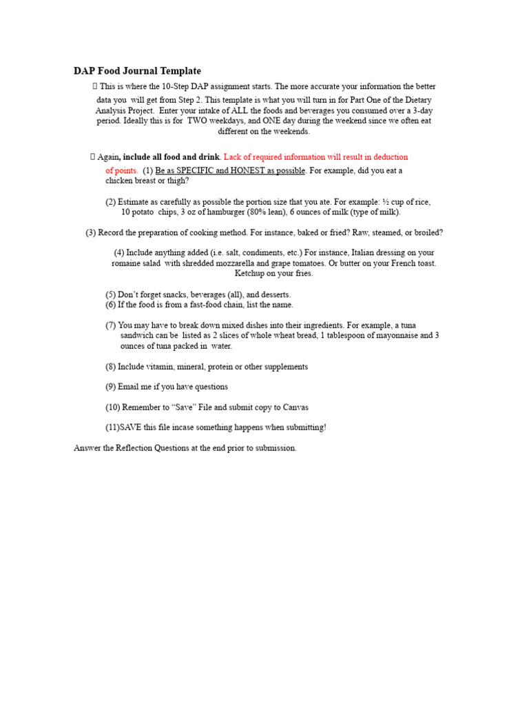 DAP Food Journal Submission Template | PDF | Hamburgers | Meal