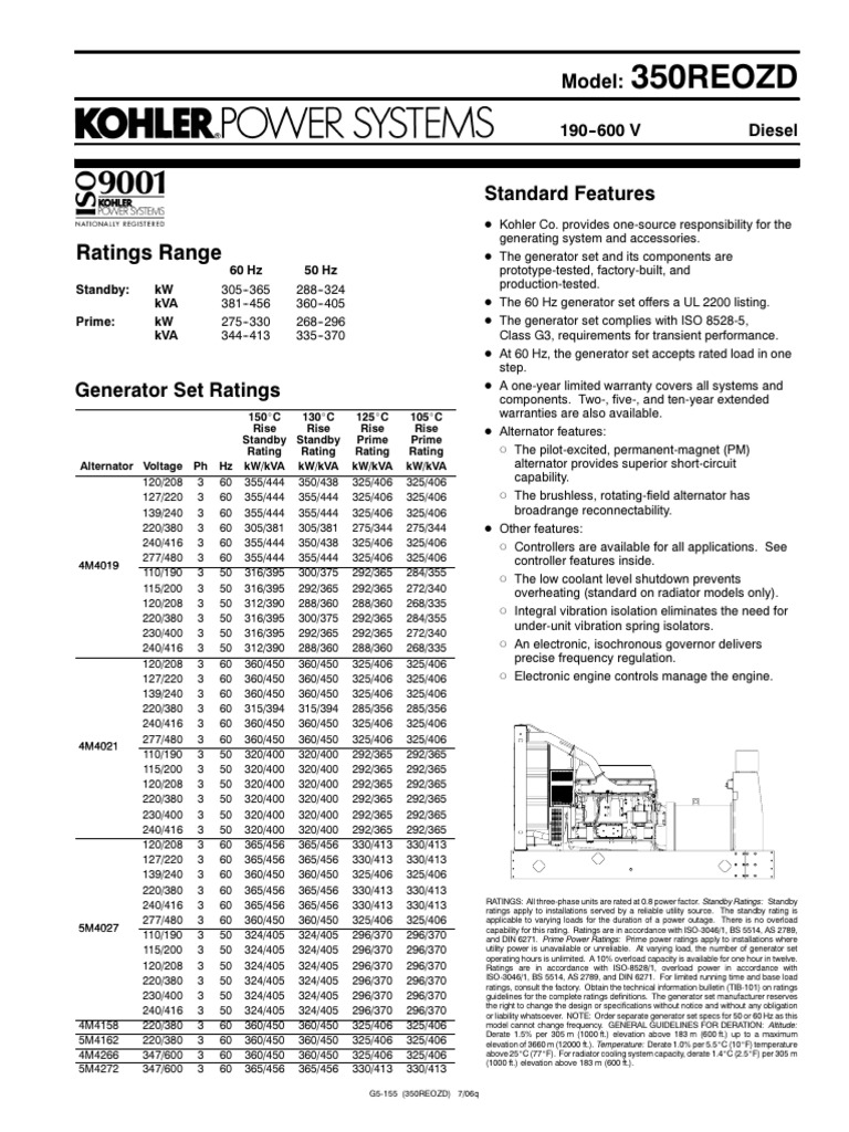 Kohler 350REOZD Spec Sheet | PDF | Electrical Engineering | Physical ...