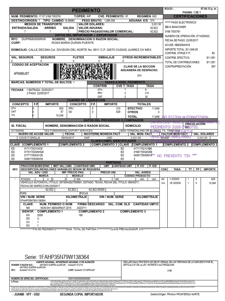 Pedimento Fronterizo VF 3168-7003781 | PDF | Economias | Comercio