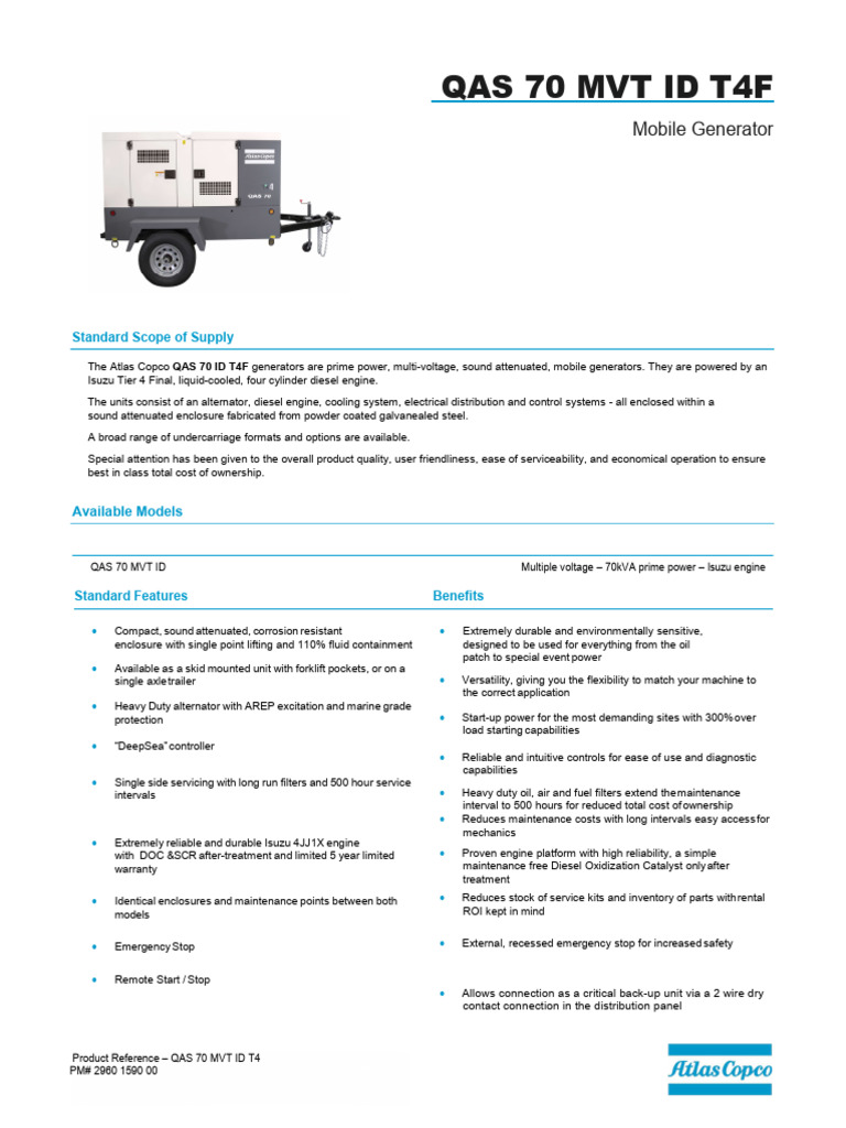 Atlas copco2 QAS 70 ID MVT T4F Product Reference sheet | PDF | Engines | Trailer (Vehicle)