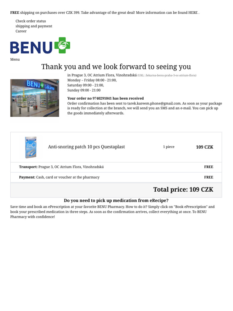 Order Confirmation - BENU - CZ | PDF