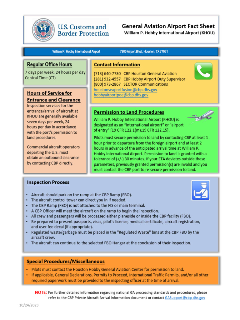 KHOU GA Airport Fact Sheet 20231024 | PDF | Airport | U.S. Customs And ...