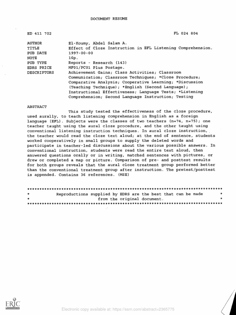 Effect of Cloze Instruction in EFL Listening Comprehension | PDF ...