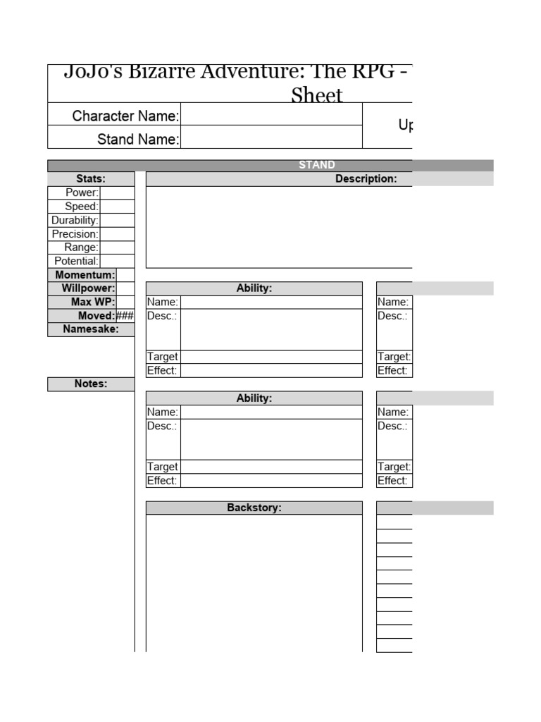JoJo's Bizarre RPG Version 2 Character Sheet + Example | PDF
