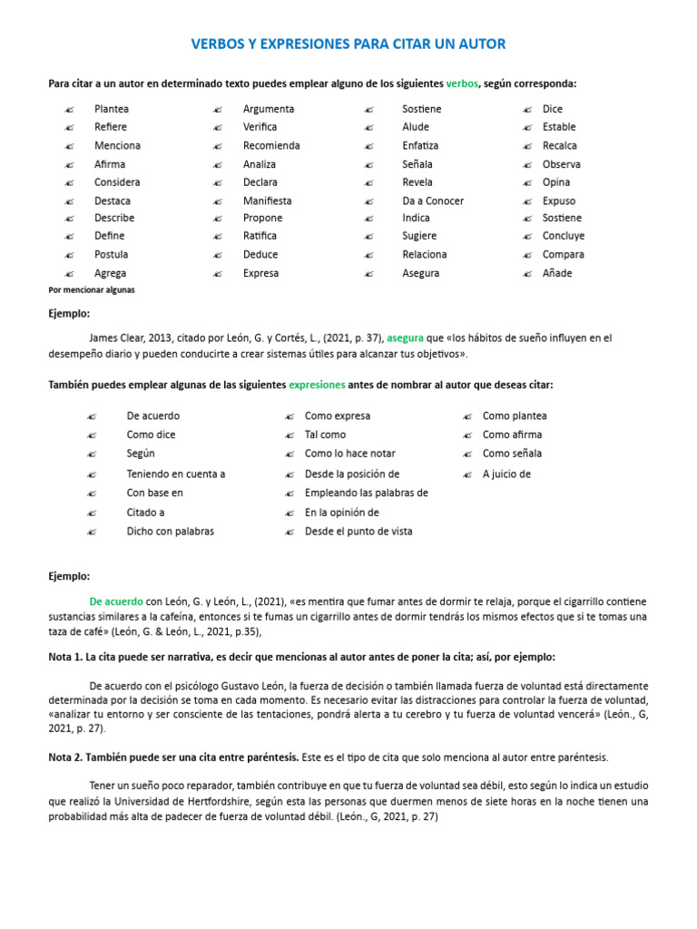 Verbos y Expresiones para Citar Un Autor LCP 2023 | PDF | Dormir