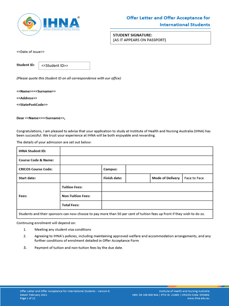 Offer Letter and Offer Acceptance For International Students | PDF