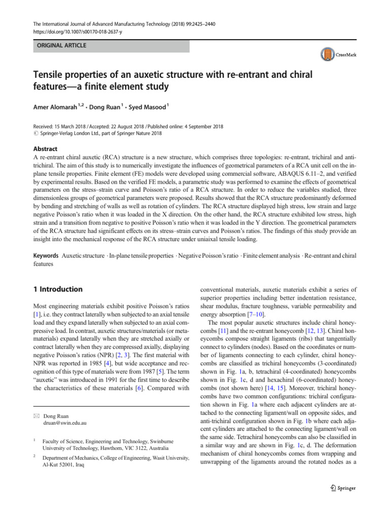 Tensile Properties of An Auxetic Structure With Re-Entrant and Chiral ...
