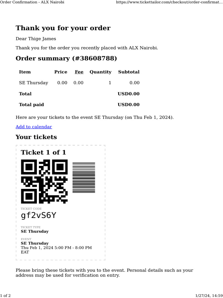 Order Confirmation for SE Thursday Event | PDF