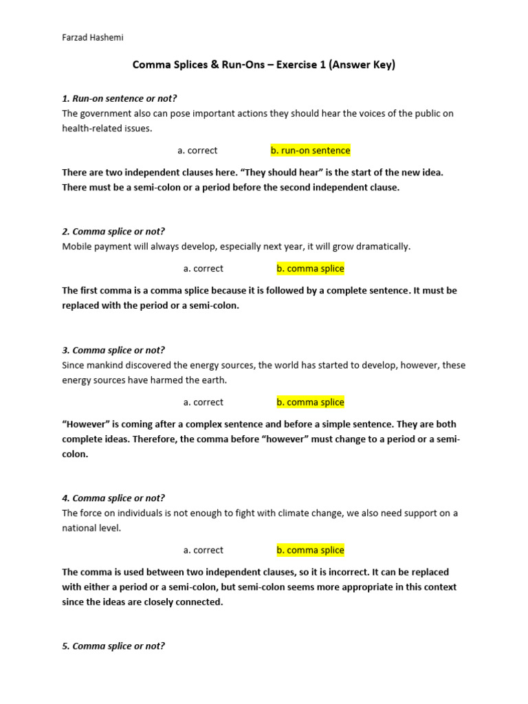 Comma Splices & Run-Ons Exercise 1 - Answer Key | PDF | Comma | Punctuation