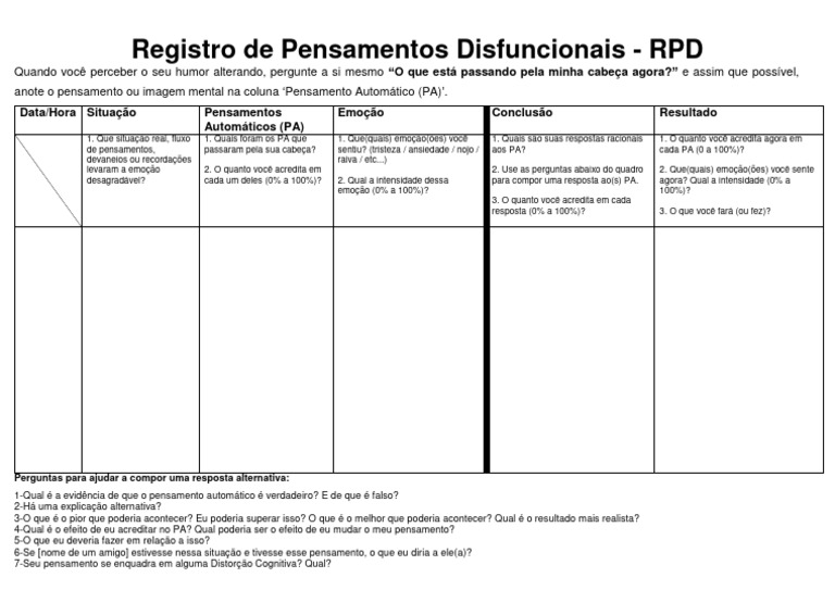 Registro de Pensamentos Disfuncionais - RPD | PDF | Autoajuda | Ciências e Matemática