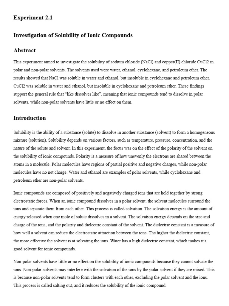 Chemo Lab Report | PDF | Solvation | Solubility