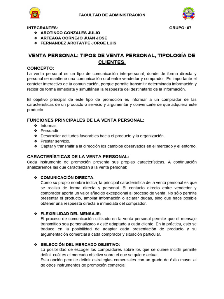 Tipos y Estrategias de Venta Personal | PDF | Marketing | Mercado (economía)
