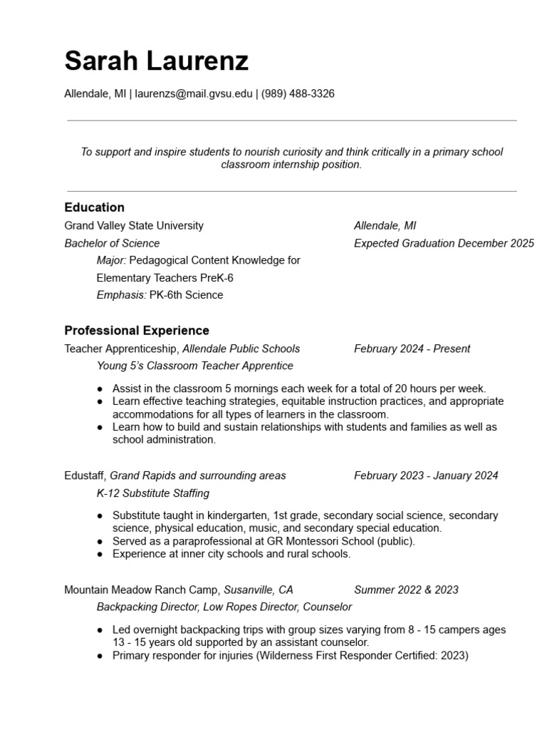 Resume For Teacher Internship | Download Free PDF | Teachers | Schools