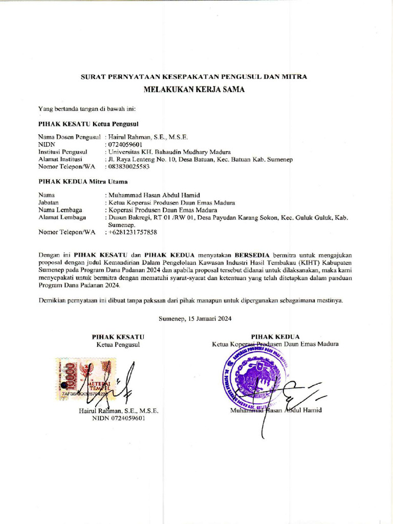 Surat Pernyataan Kesepakatan Pengusul Dan Mitra Melakukan Kerja Sama | PDF