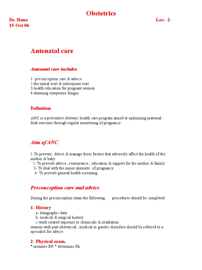 Obstetrics: Antenatal Care Includes | PDF | Physical Examination ...