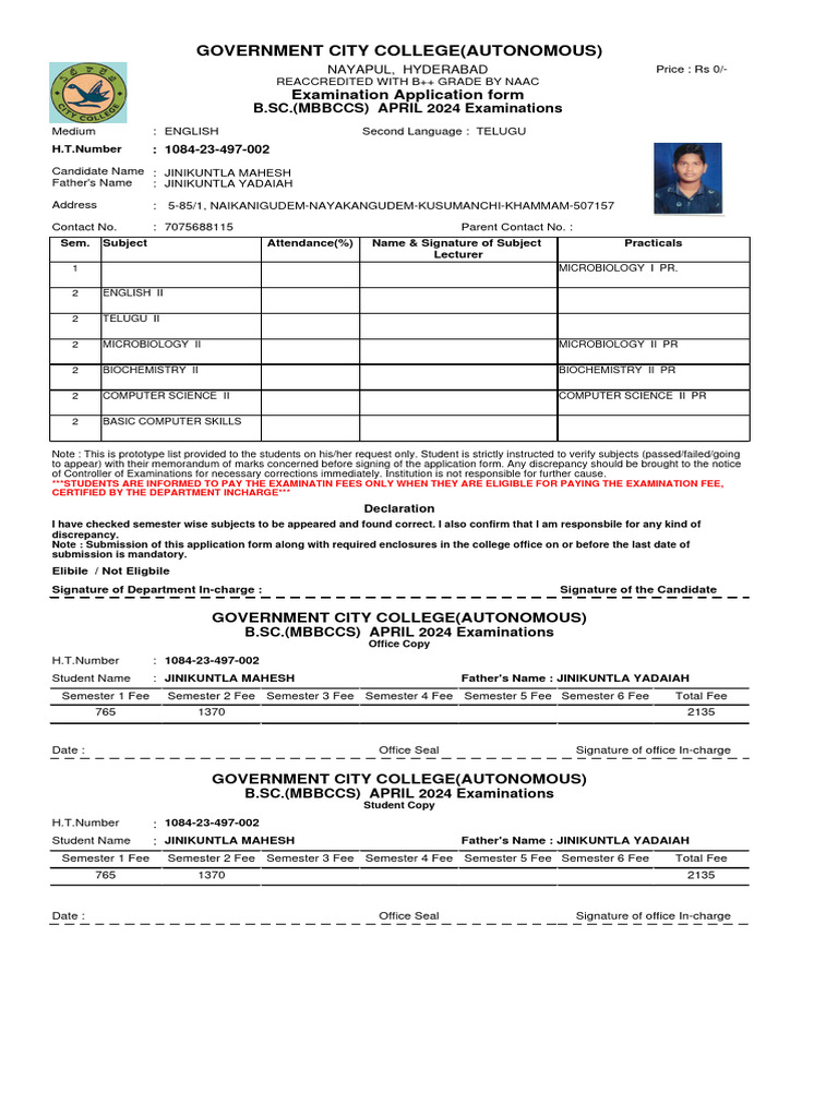 Government City College (Autonomous) : Examination Application Form | PDF