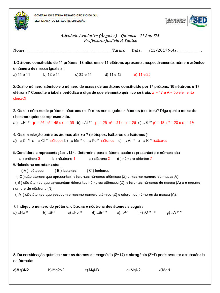 Prova Exame Quimica 1º Em Gabarito Pdf Ligação Química Próton