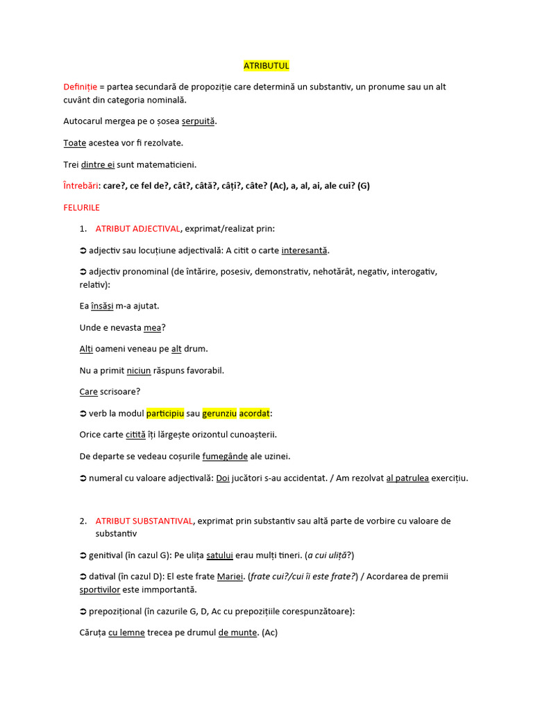 Atributul Si Propozitia Subordonata Atributiva | PDF