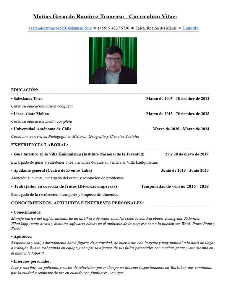 Curriculum Vitae - Matias Gerardo Ramirez Troncoso | PDF