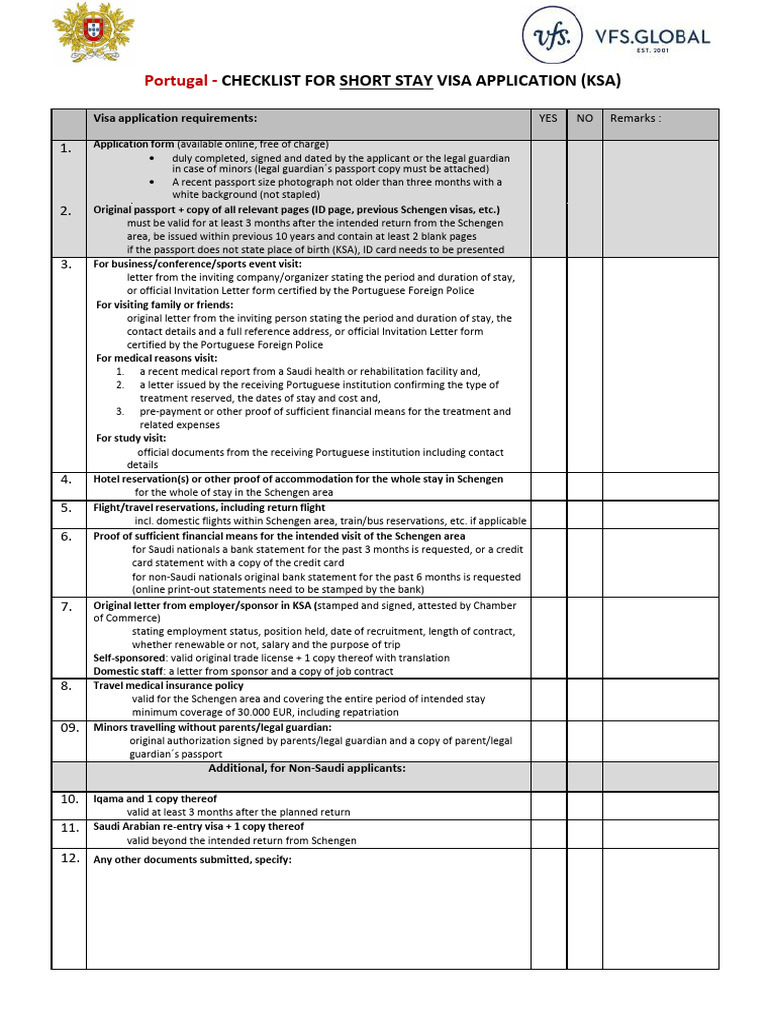 Portugal Visa Checklist for KSA Applicants | PDF | Travel Visa | Passport