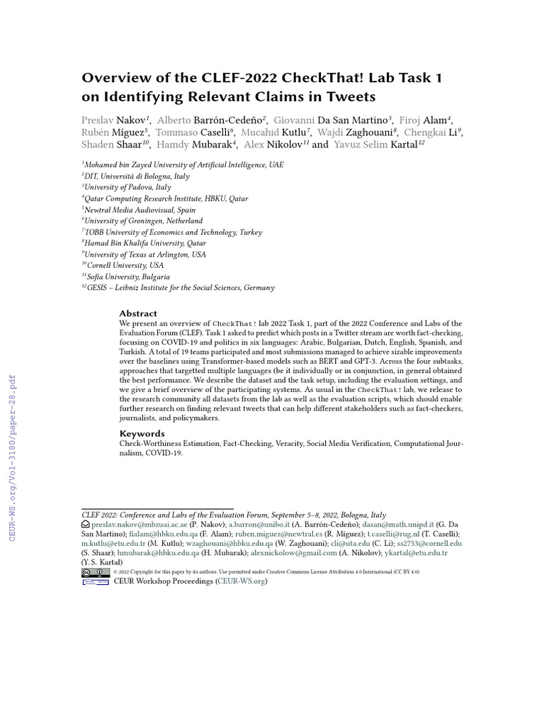 Overview of The CLEF-2022 CheckThat! Lab Task 1 On Identifying Relevant Claims in Tweets ...