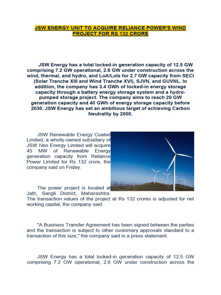 Jsw to Acquire Reliance Power Wind | PDF | Energy Storage | Renewable ...