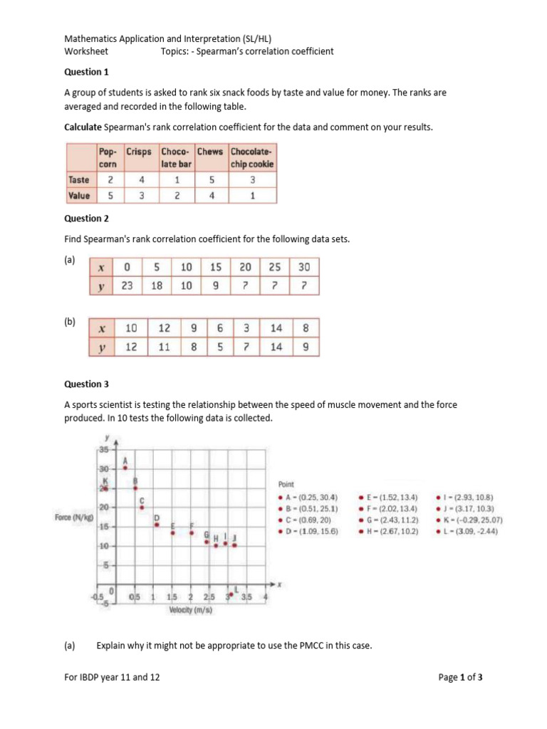 Worksheet 1 Spearman Correlation Coefficient | PDF | Sports ...