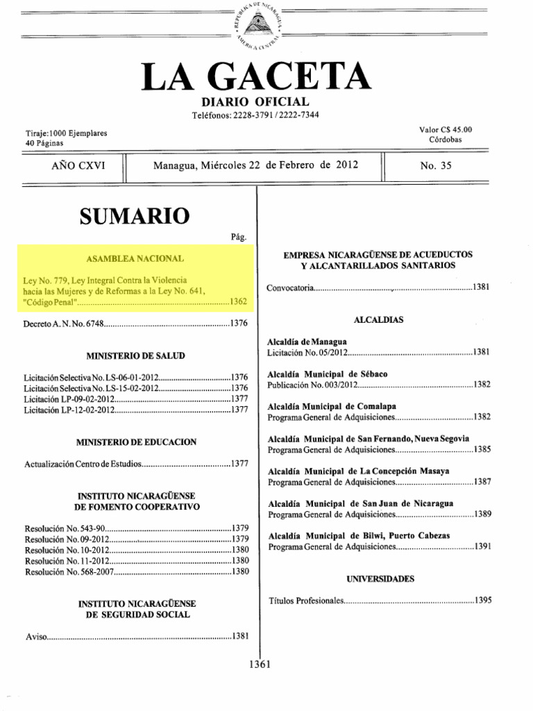 Ley 779 - Ley Integral Contra la Violencia hacia las Mujeres y de ...